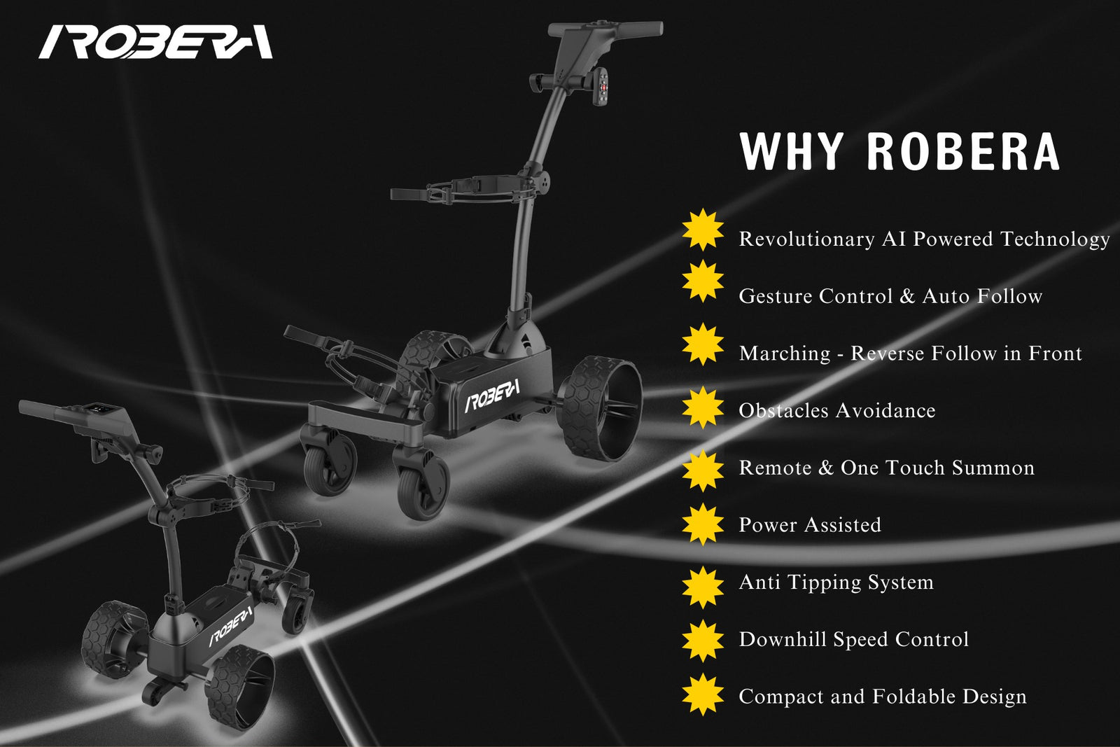 Robera Pro Ai-Powered Follow/Remote Electric Golf Cart Caddy - Motogolf.com